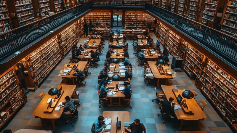Classic Library with Elevated View of Study Desks Shelves and Students ...