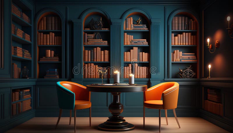 Classic Library Interior with Bookshelf and Chairs. 3d Render Stock ...