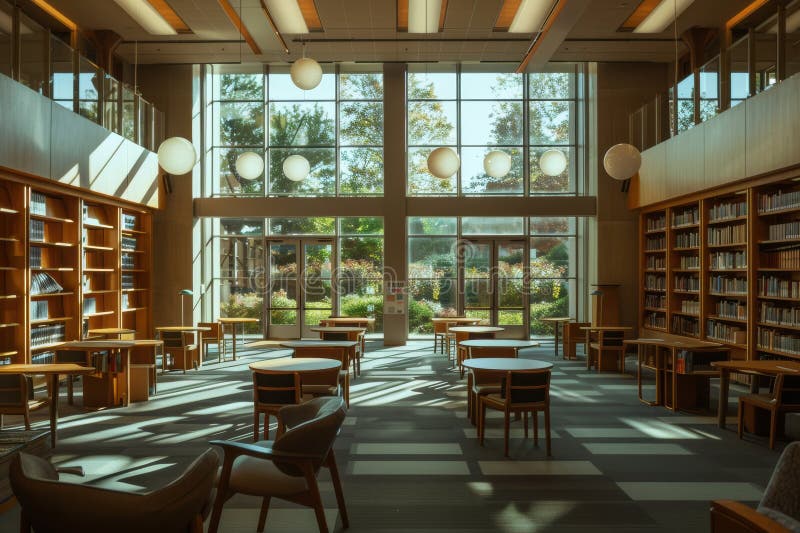Classic Library Interior with Dark Wood Shelves, Soft Lighting, and a ...