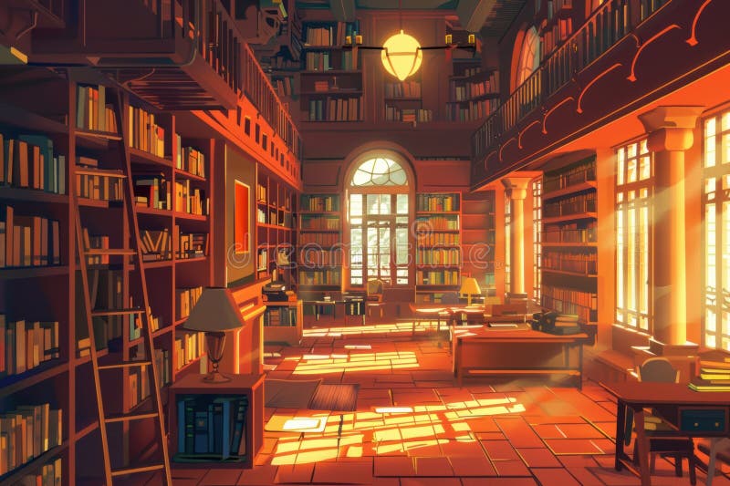 Classic Library Interior with Dark Wood Shelves, Soft Lighting, and a ...