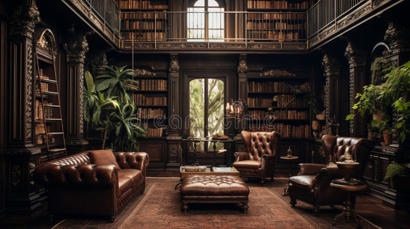 A Classic Library with Leather-bound Books Lining the Walls. Stock ...