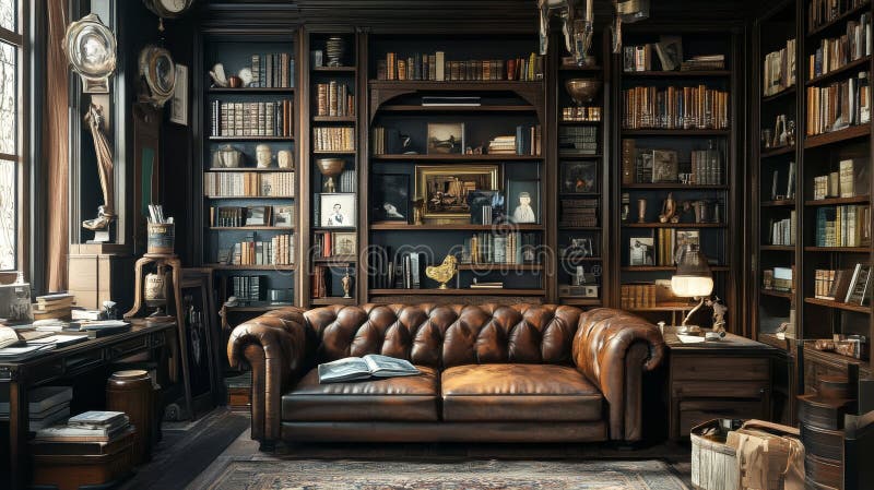 Classic Library Study Rich Leather Sofa Bookshelves Overflowing with ...