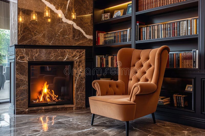 Classic Library with Wingback Chair and Fireplace Stock Illustration ...
