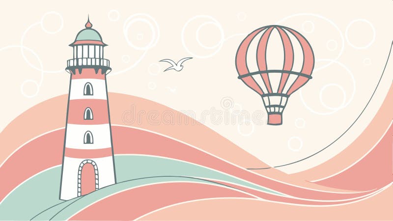 Classic Lighthouse and Hot Air Balloon Over Abstract Waves and Clouds ...