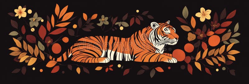 This Classic Linocut Print Features a Regal Tiger and Vibrant Mango ...