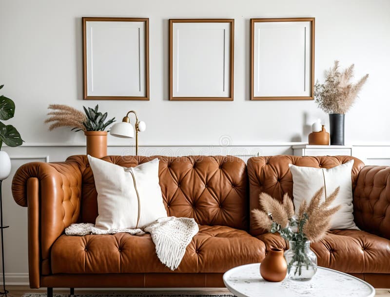 Classic Living Room with Leather Sofa and Mock Up Frame. Generative AI ...