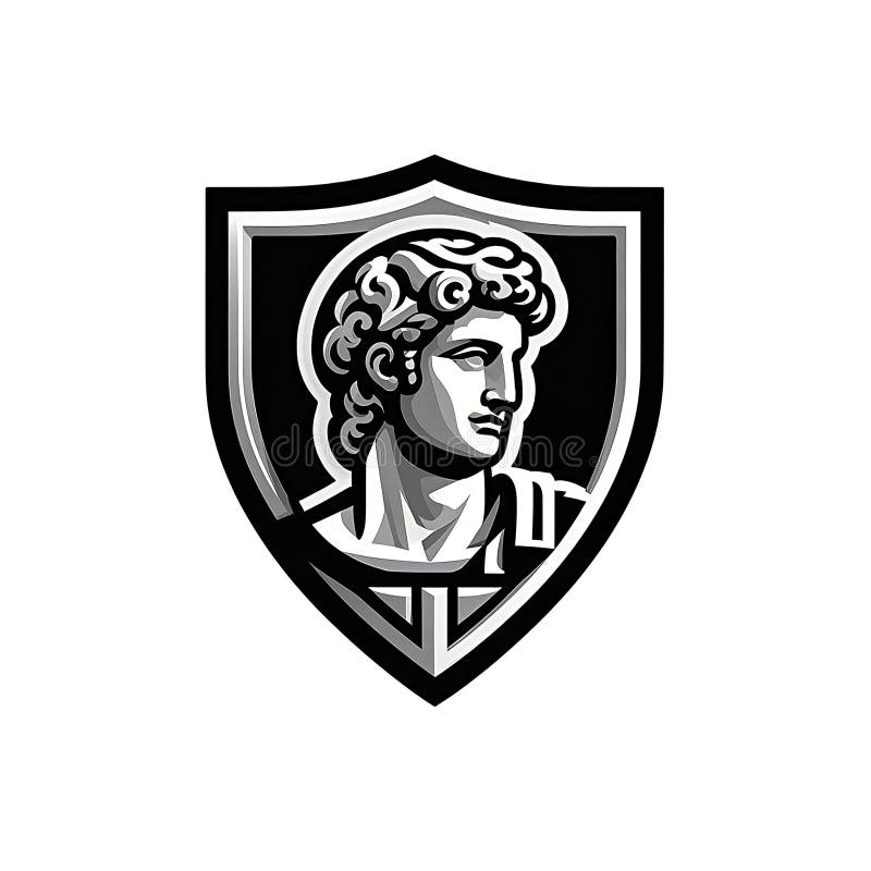 Classic Logo of a Roman Statue in Modern Shield Design Stock ...