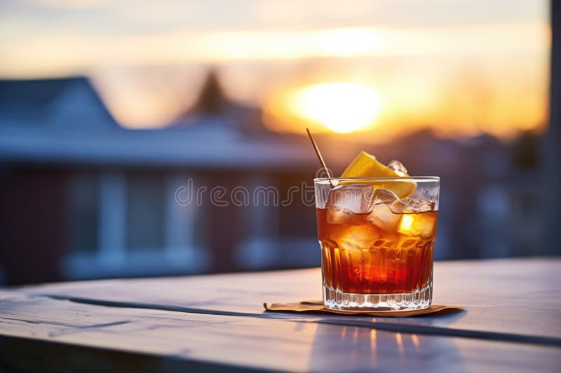 Classic Manhattan Cocktail with Ice Shard at Sunset Stock Image - Image ...