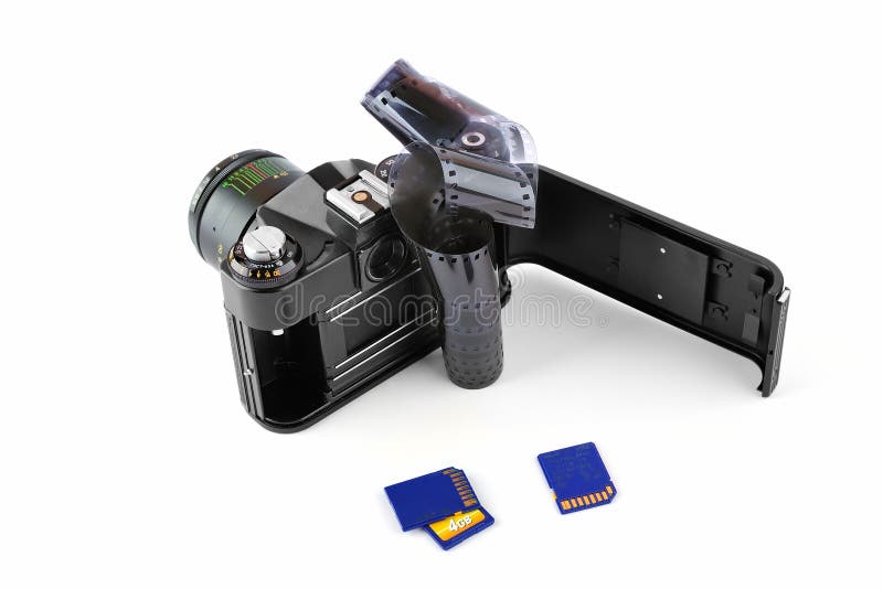 Classic Manual Camera with Film and Memory Cards Stock Image - Image of ...