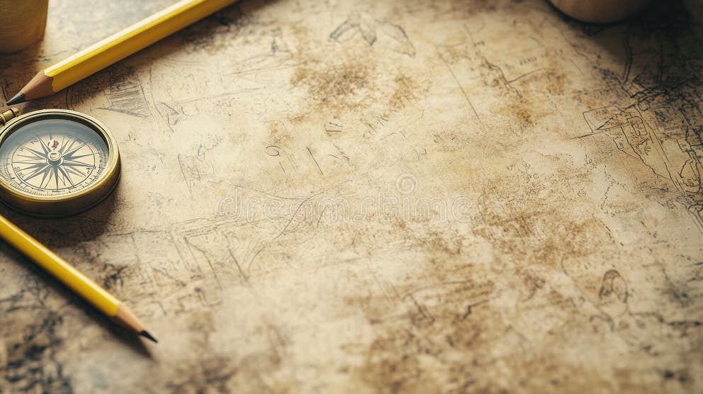 Vintage Map and Accessories with a Compass and Pencils for Creative ...
