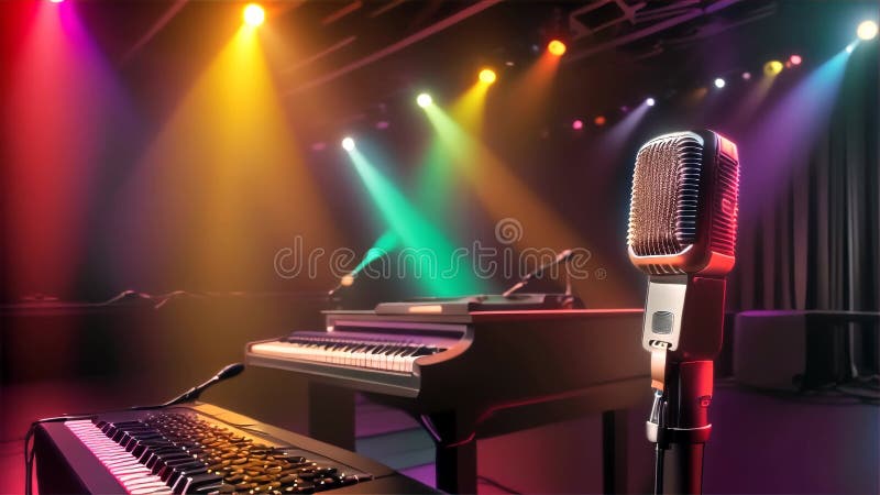Retro Microphone on Stage with Keyboard Stock Footage - Video of artist ...