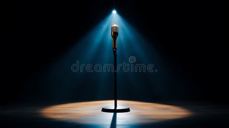 Classic Microphone on Stage Lit by Dramatic Spotlight, Black Background ...