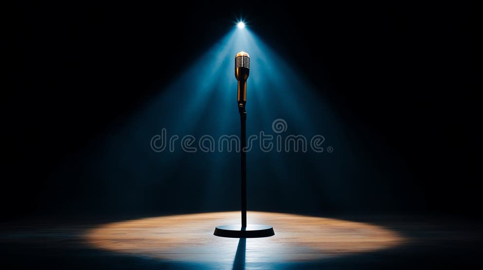 Classic Microphone on Stage Lit by Dramatic Spotlight, Black Background ...