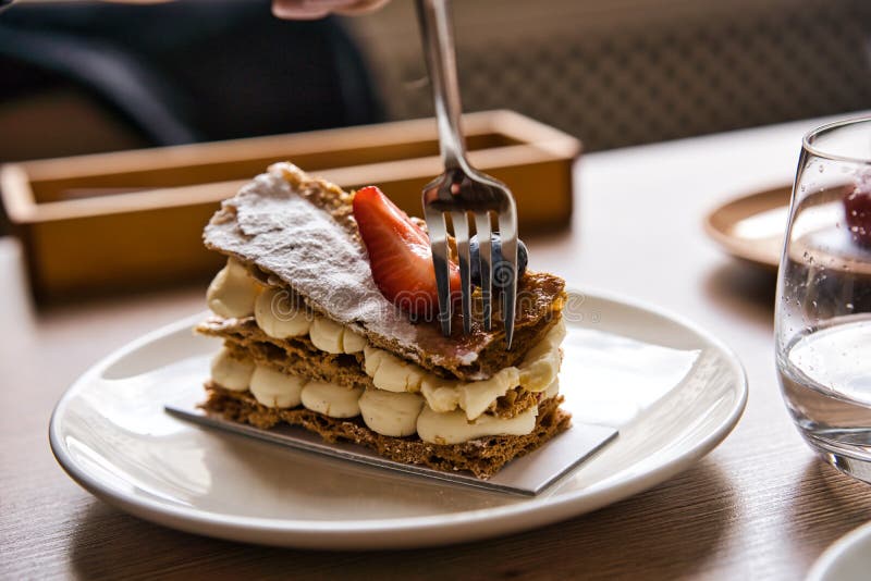 Milfey cake with cream stock image. Image of pastry - 128066797