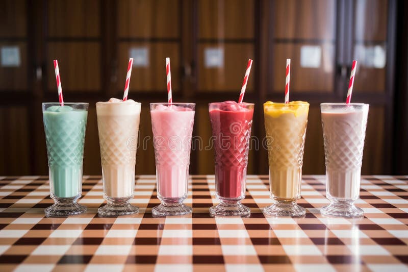 Classic Milkshake Glasses Lined Up on a Checkered Floor Stock ...