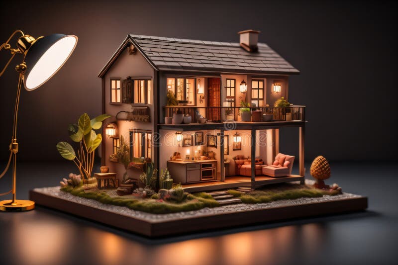 Classic Miniature House with Lighting Inside Stock Illustration ...