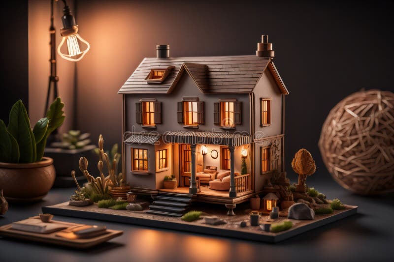Classic Miniature House with Lighting Inside Stock Illustration ...