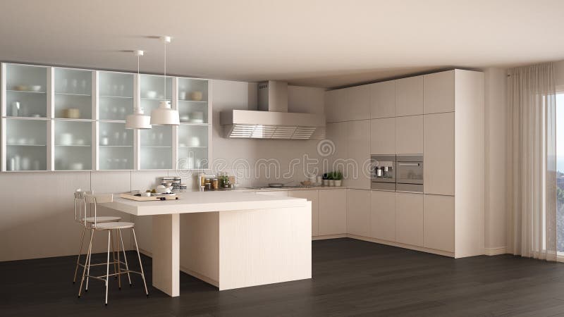 Classic Minimal White Kitchen with Parquet Floor, Modern Interior ...