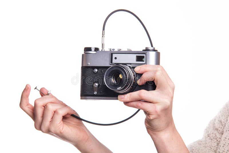 Classic 35mm Photo Camera in Hand Stock Photo - Image of color, shutter ...