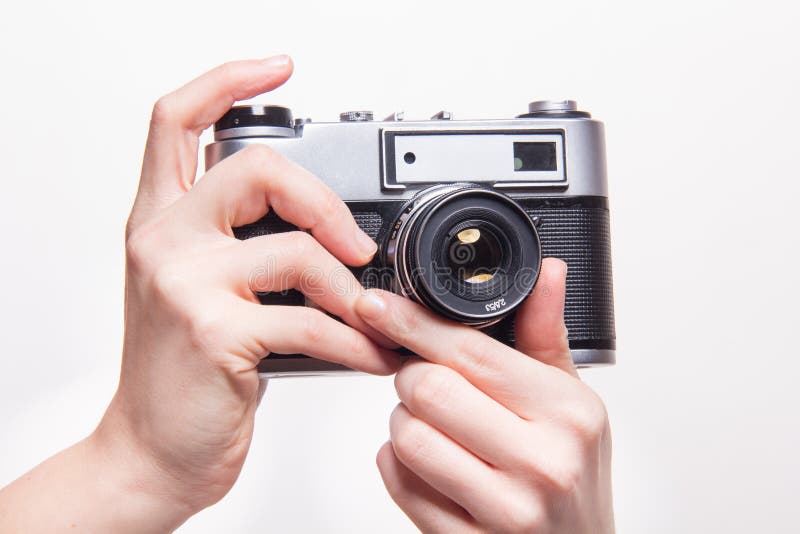 Classic 35mm Photo Camera in Hand Stock Image - Image of optical, copy ...