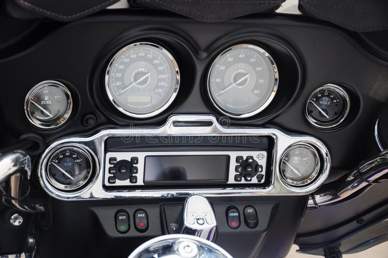 Classic Motorcycle Dashboard with Intricate Dials and Gauges Close-Up ...