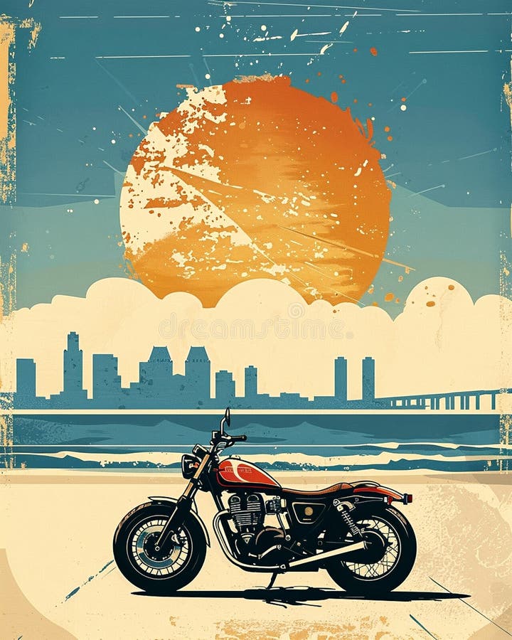 A Classic Motorcycle Parked on the Beach with a Vibrant Sun Setting in ...