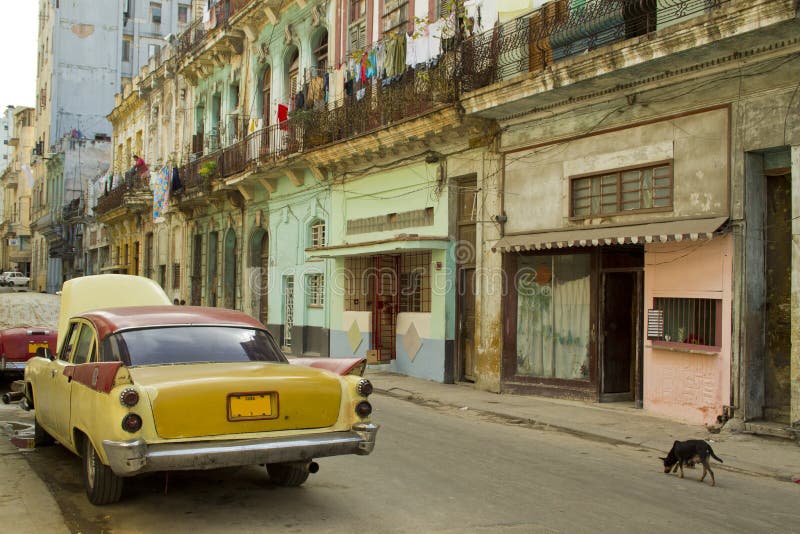 Classic Mustard Car in Cuban Street Stock Image - Image of tourism ...