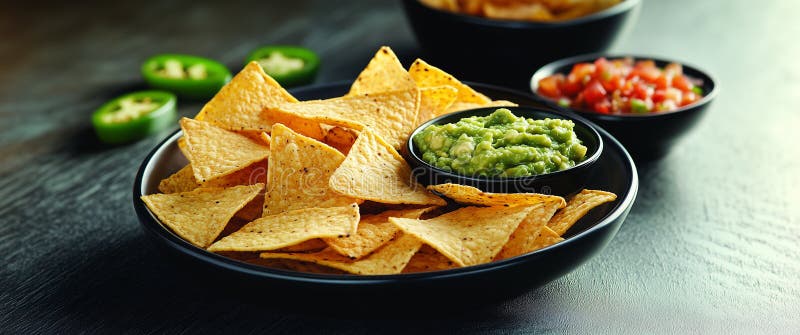 Classic Nachos Guacamole and Salsa Presentation on Black Dish Stock ...