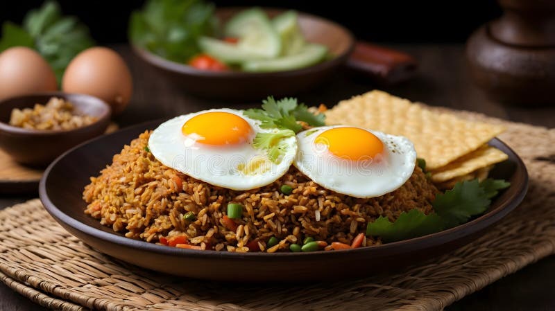 Classic Nasi Goreng Served on Wooden Plate with Fried Egg and Crackers ...