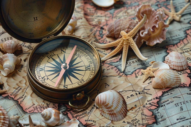 A Classic Nautical Compass is Laid on a Weathered Map Surrounded by ...