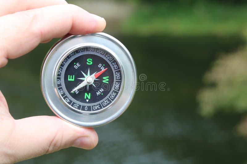 Classic Navigation Compass in Hand in Summer Against Background of ...