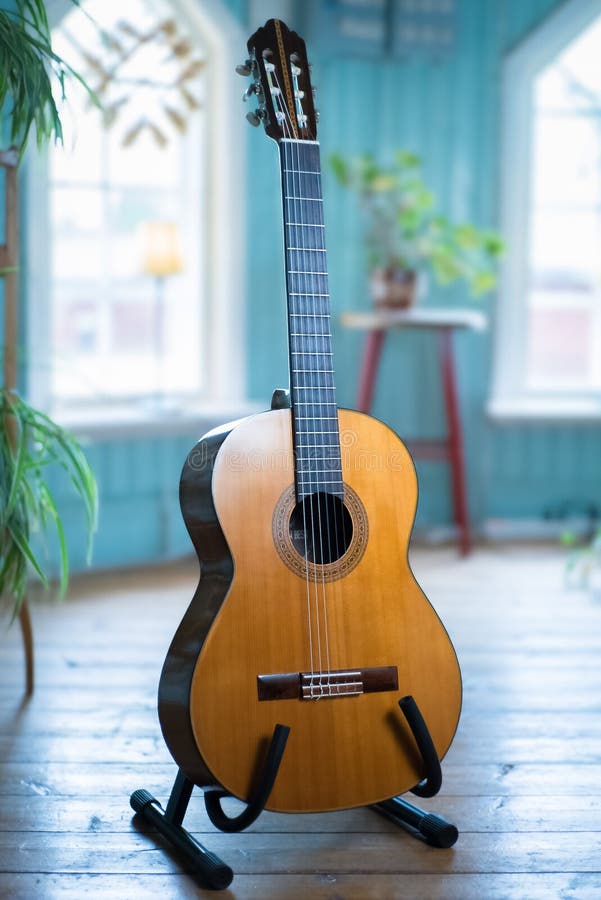 A Classic Nylon String Guitar Sat in a Guitar Stand Surrounded by ...