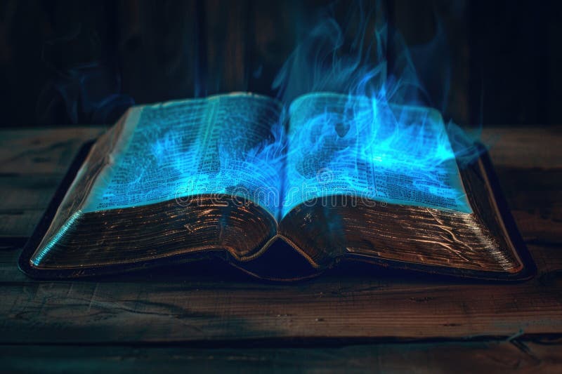 A Classic Old Book with Blue Flames Burning on Top, Great for Fantasy ...