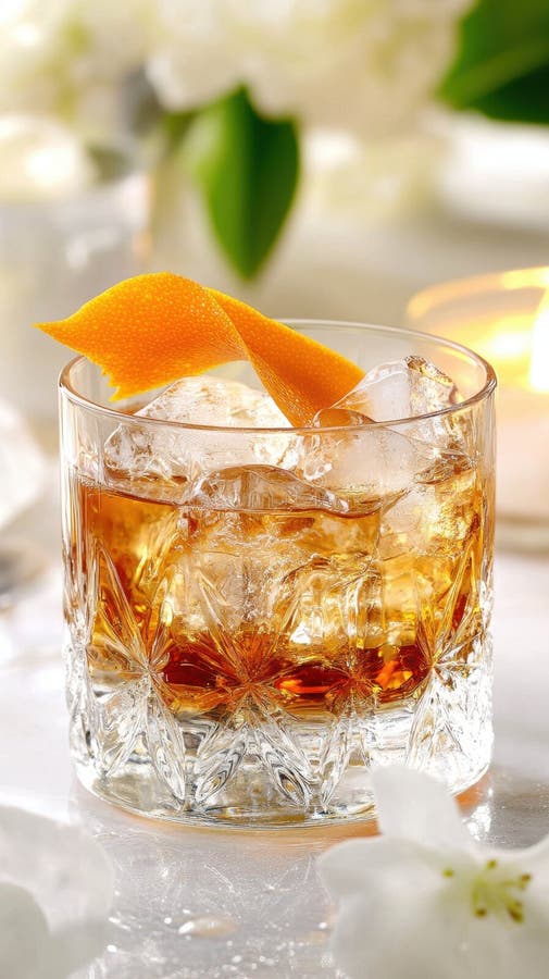 Classic Old Fashioned Cocktail with Orange Peel in Crystal Glass Stock ...