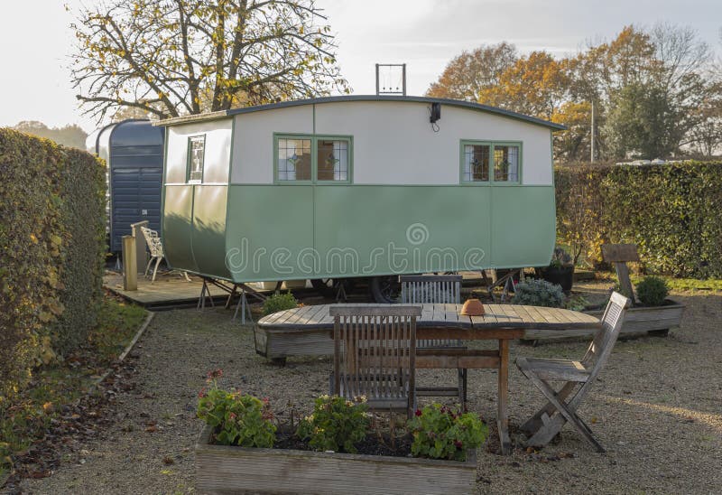 Classic Old Green and Cream Caravan Stock Image - Image of landscape ...