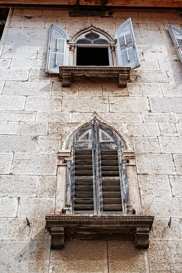 Classic Old Windows on a Stone Wall. Elements of European Traditional ...