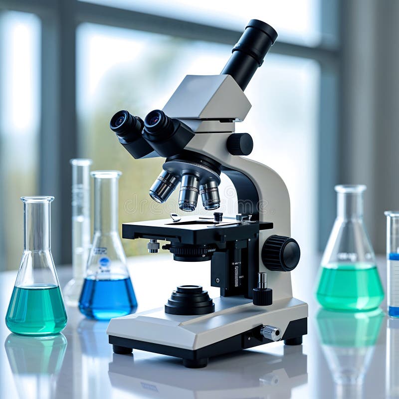 Classic Optical Microscope in Foreground with White and Black Design ...