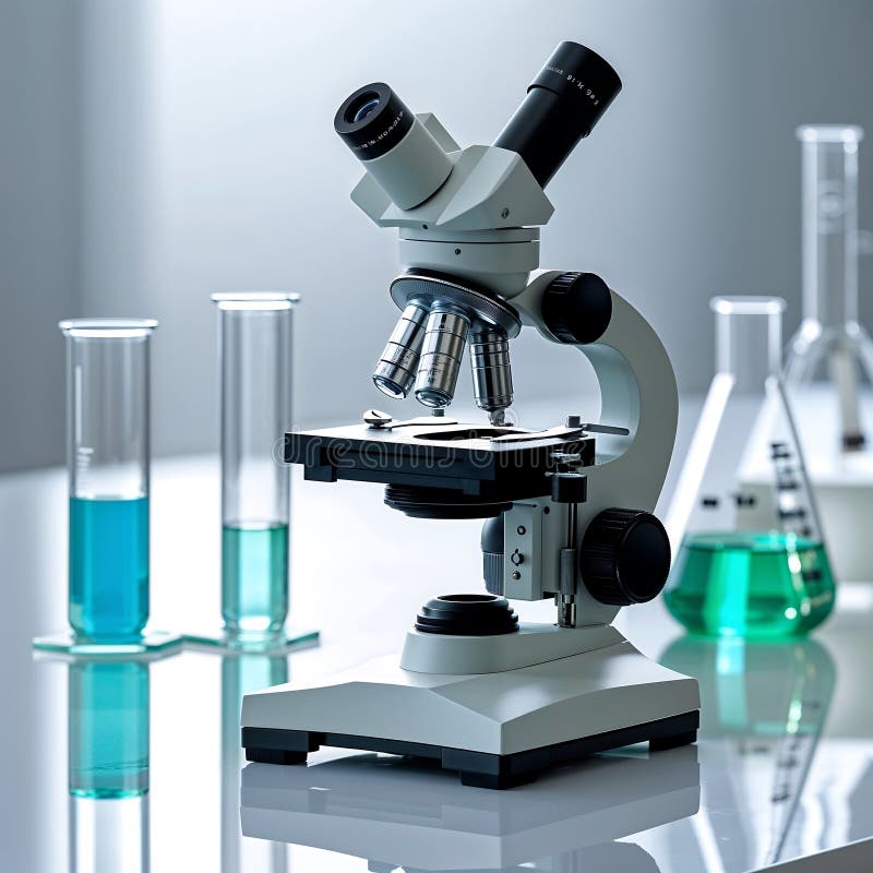 Classic Optical Microscope in Foreground with White and Black Design ...