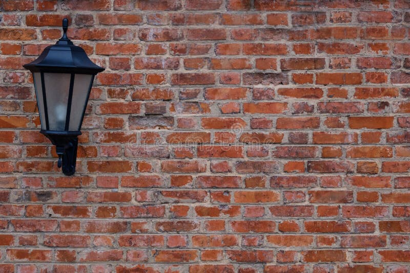 Classic Outdoor Lantern on Red Brick Wall Background. Copy Space. Stock ...