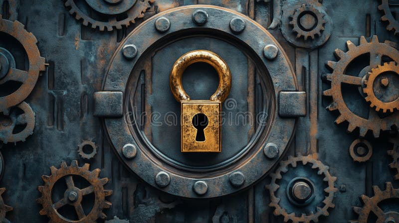 A Classic Padlock Framed by a Complex Arrangement of Gears and ...