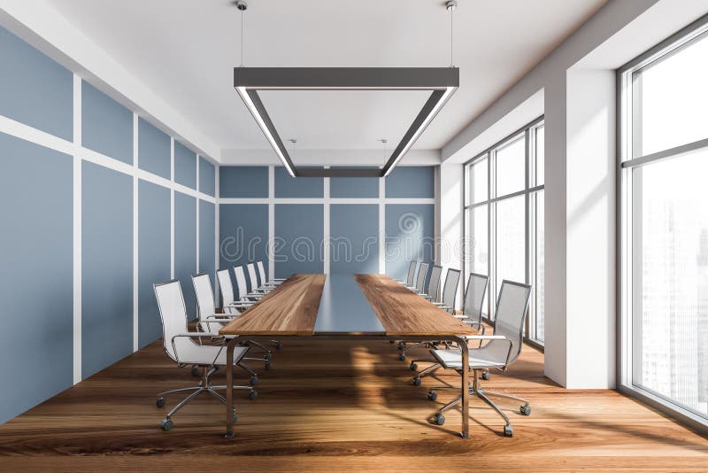 Classic Panoramic White and Blue Conference Room with Long Table and ...