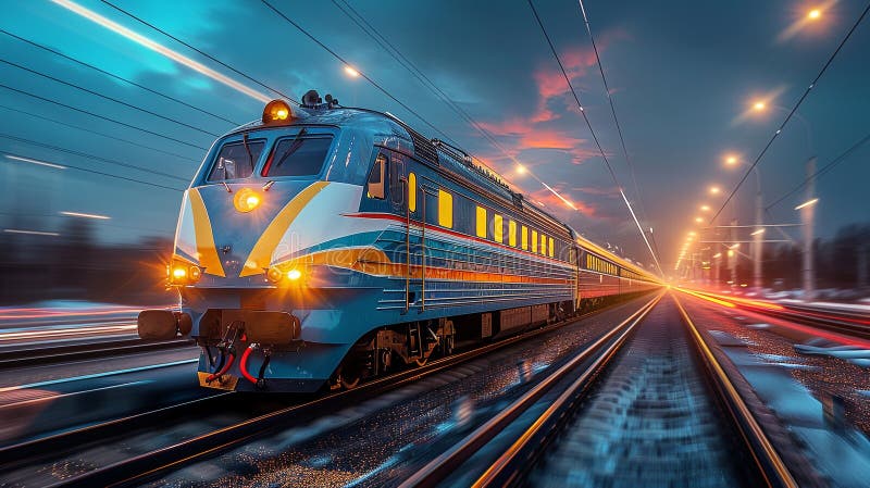Classic Passenger Train in Motion on Electrified Tracks at Dusk. AI ...