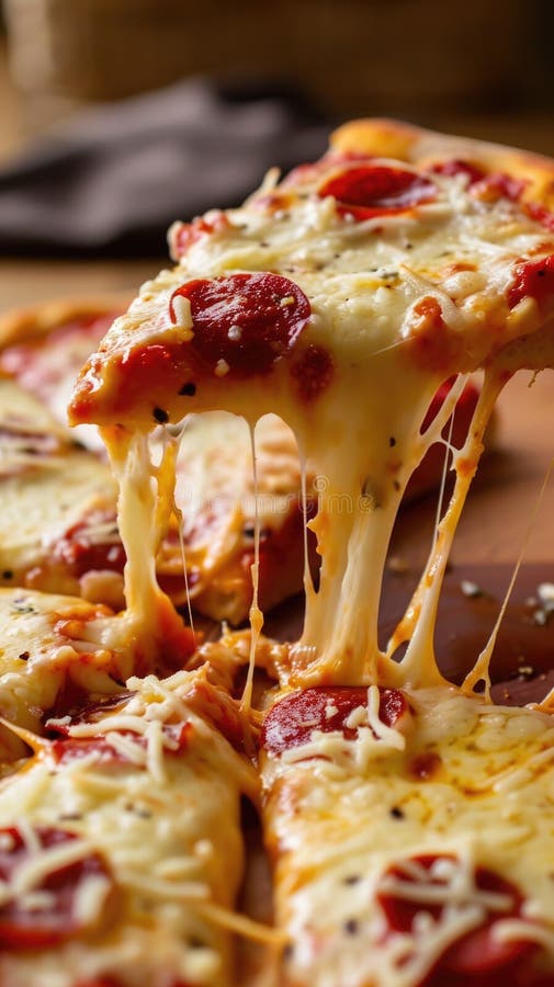 Classic Pepperoni Pizza with Stretchy Melted Cheese and Basil on Wooden ...