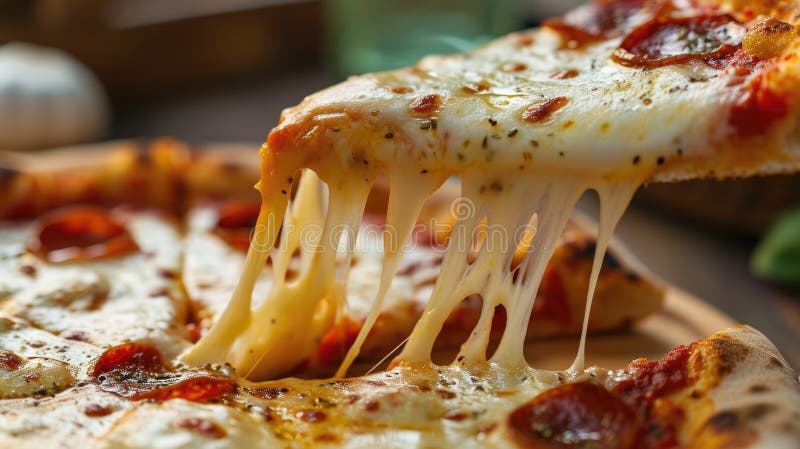 Classic Pepperoni Pizza with Stretchy Melted Cheese and Basil on Wooden ...