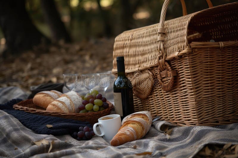 Classic Picnic with Basket, Blanket, and Bottle of Wine Stock ...