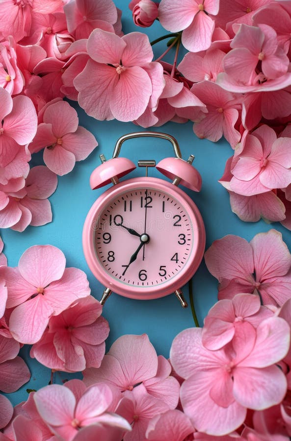 A Classic Pink Alarm Clock Surrounded by Soft Pink Hydrangea Petals on ...