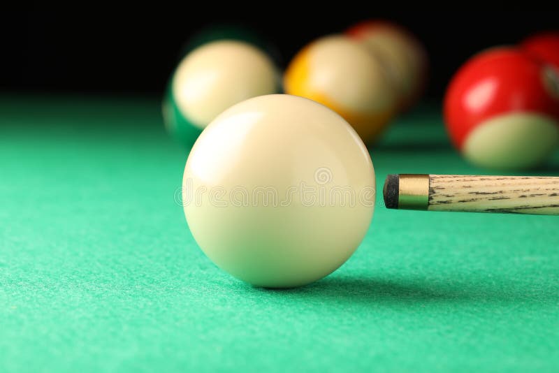 Classic Plain Billiard Ball and Cue on Green Table Stock Photo - Image ...