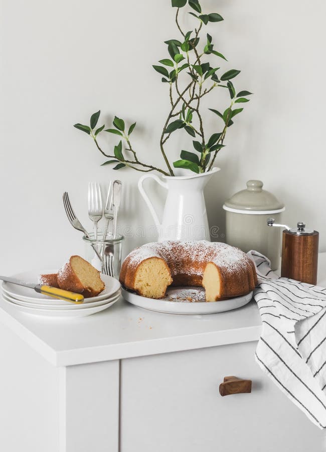 Classic Pound English Cake on a White Table in a Bright Kitchen Stock ...