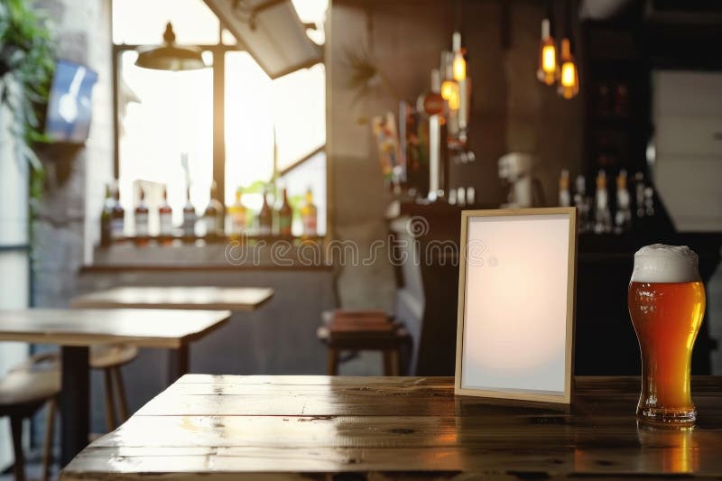 Classic Pub Interior with Pint of Beer on Wooden Bar and Blank Frame ...