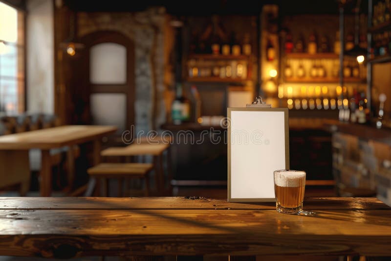 Classic Pub Interior with Pint of Beer on Wooden Bar and Blank Frame ...